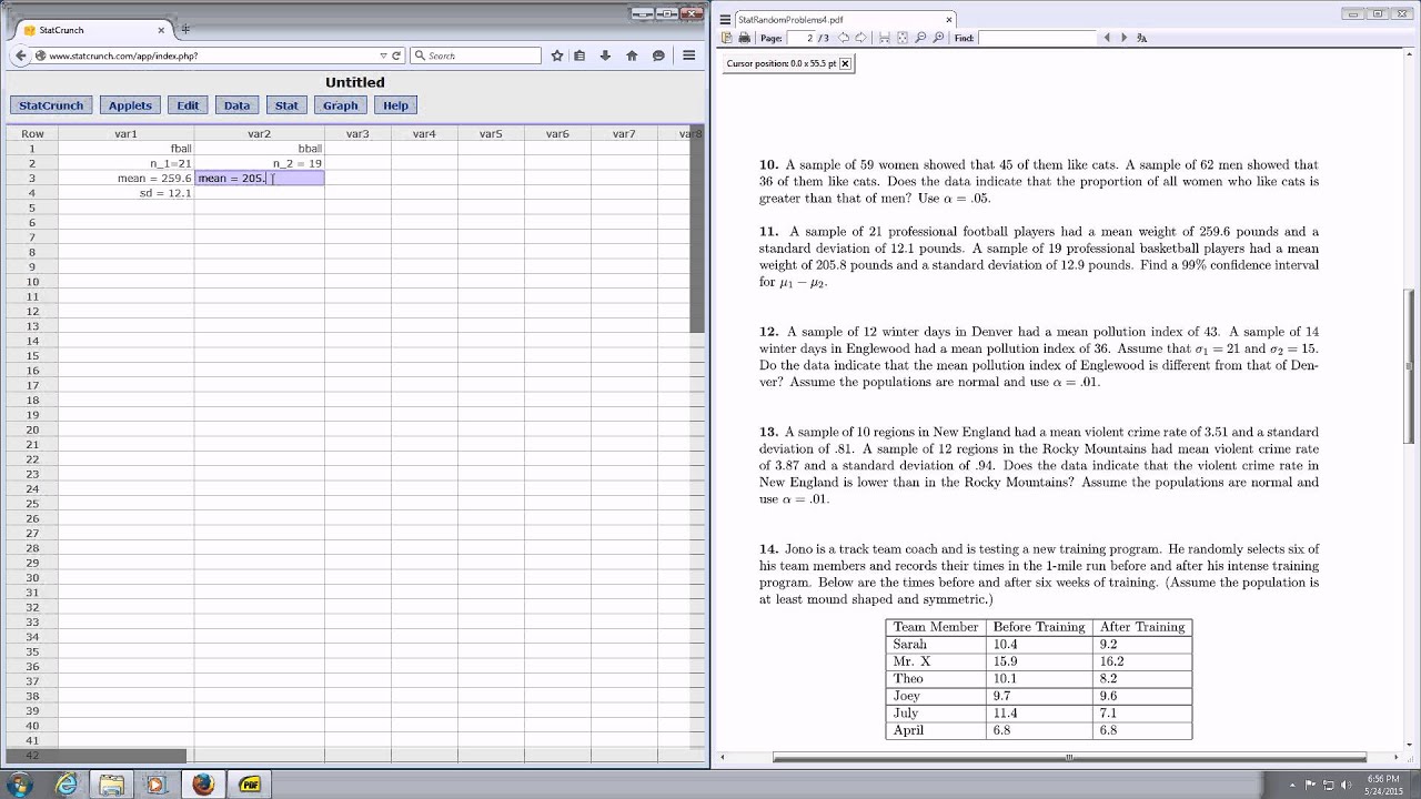 Confidence Interval for Two Means using T and Statcrunch - YouTube