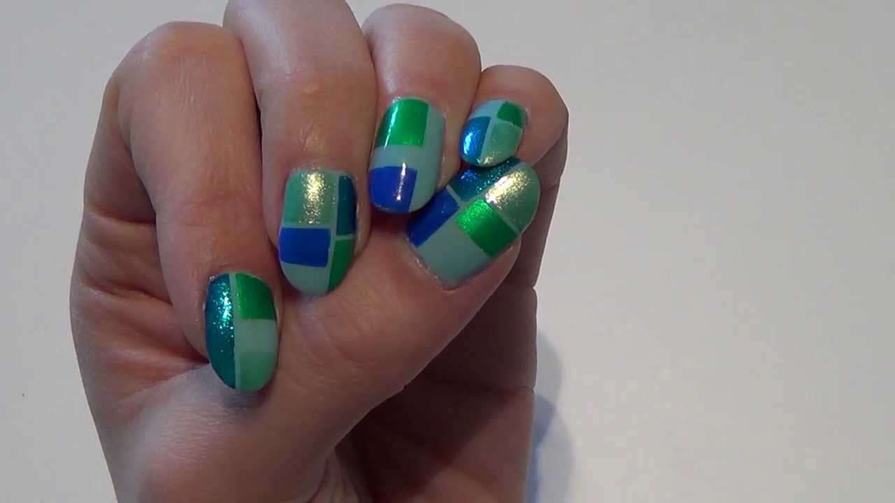 Kockasti plavo-zeleni dizajn za nokte (nail art) - YouTube