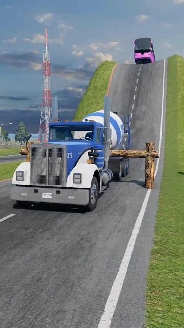Mixed Colour City Buses & Cement Truck vs Logs Trap - BeamNG.drive # ...