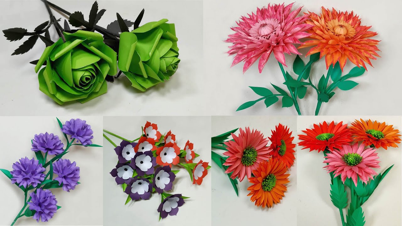 5 Simple and Beautiful Paper Flowers | Paper Craft | Paper Stick Flower ...