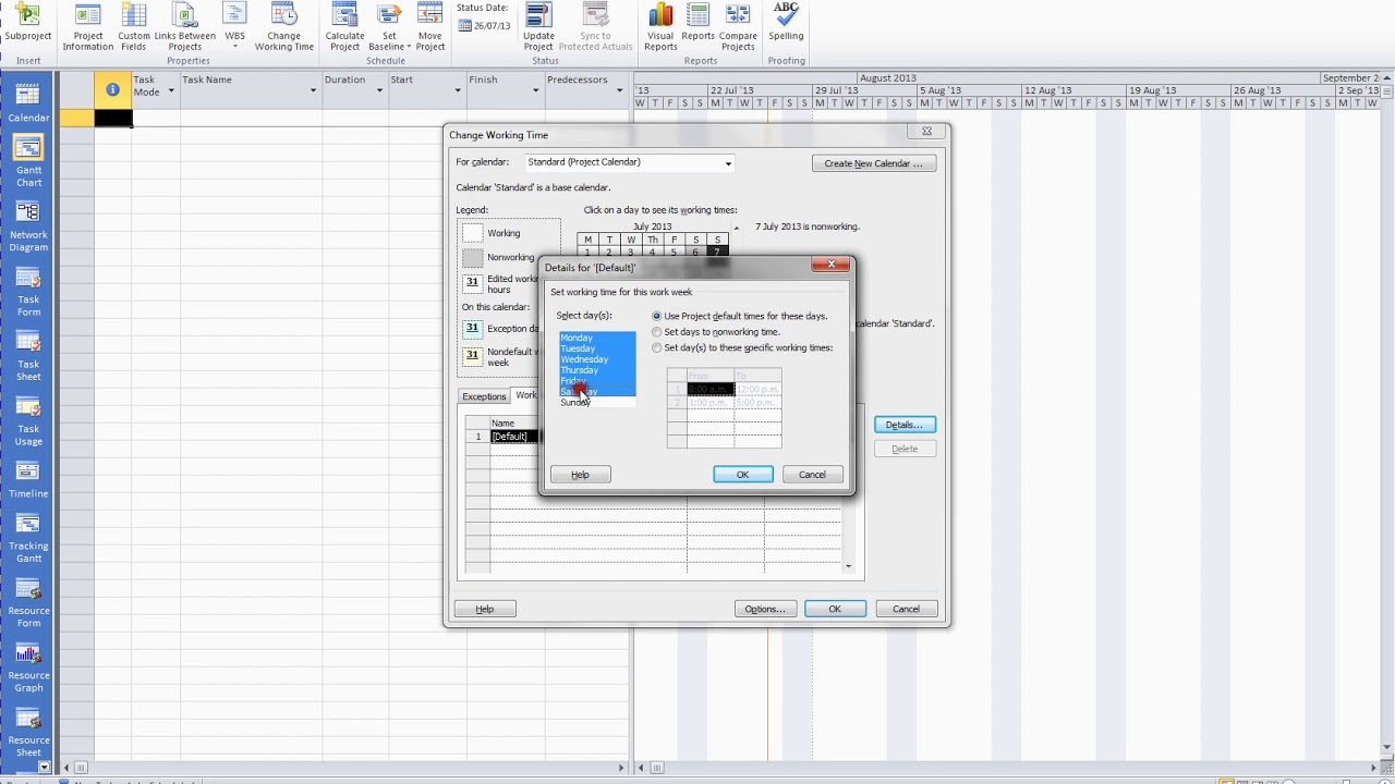 Microsoft Project 2010 Video 7 Project Calendar Working Days and Times ...