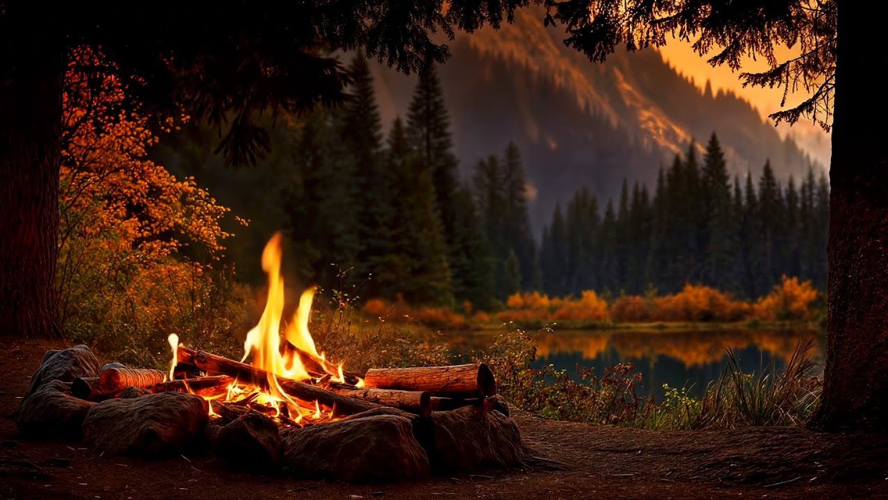 Cozy Fall Vibes with Lakeside Campfire 🍁 Autumn Forest Fireplace, Water ...