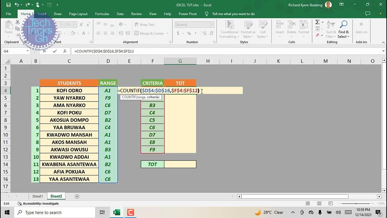 How to Use the COUNTIF Function to Count Students' Grades | TechTricksGh - YouTube