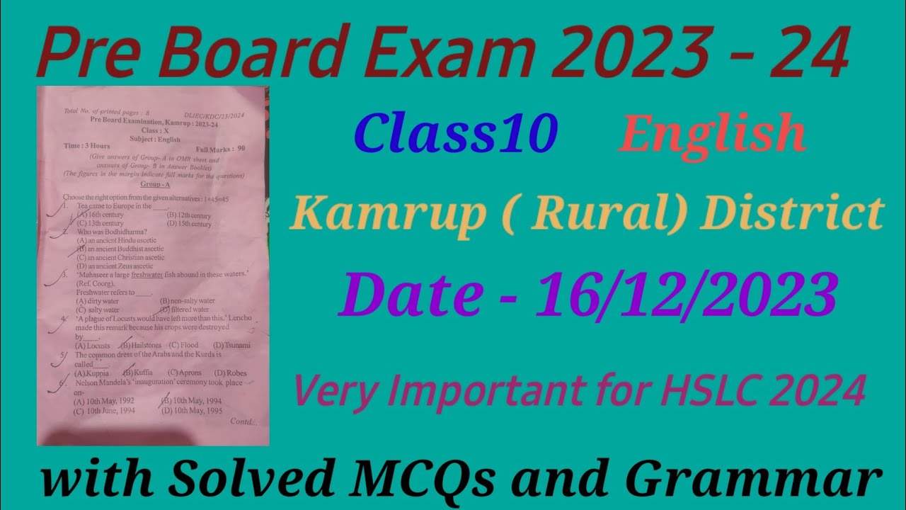 Pre Board Exam 2023-24 Kamrup Rural District English With Solved MCQs ...