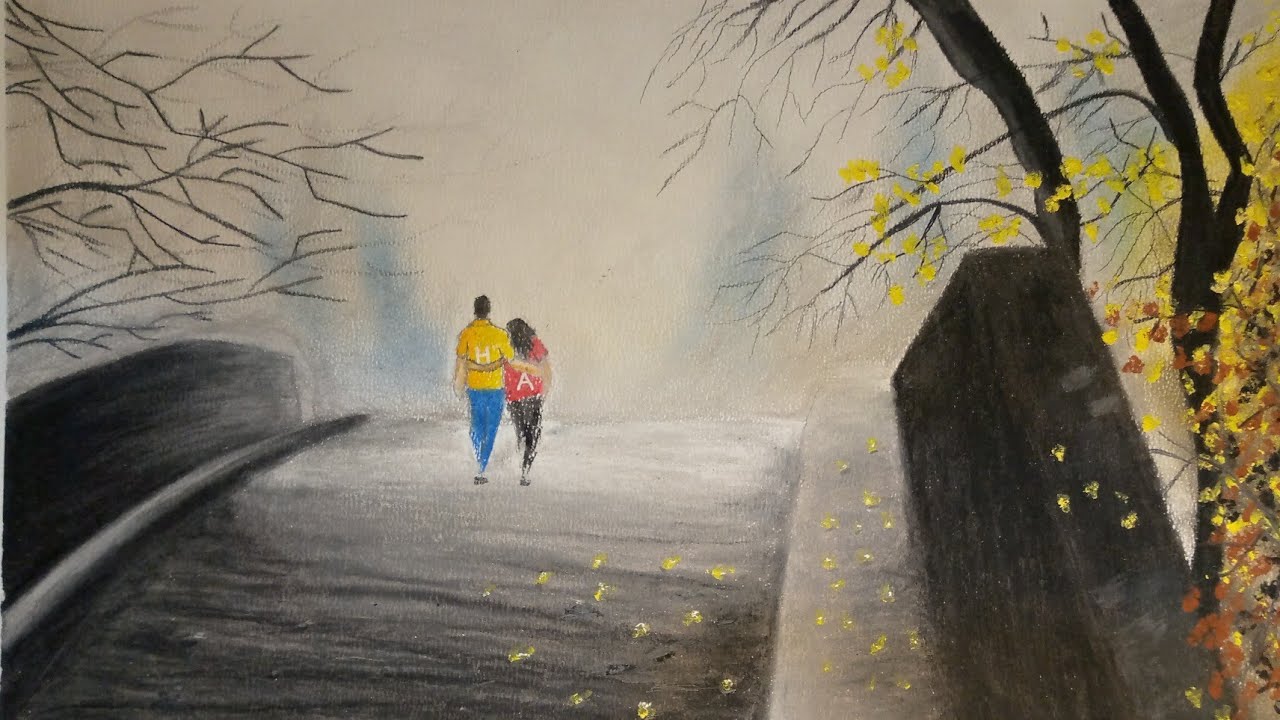 lovely couple drawing with oil pastels|| How to draw Autumn scenery for ...