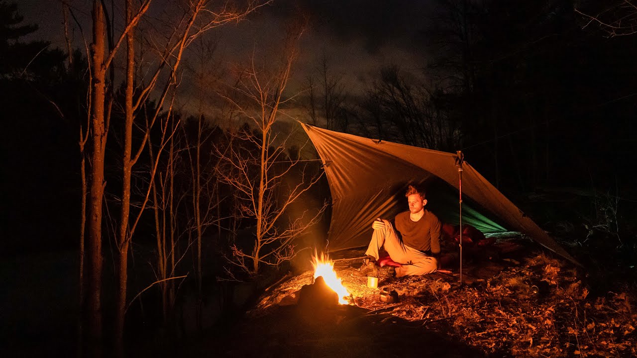 Solo Tarp Camping - Bushcraft Food and Rain in the Backwoods - YouTube