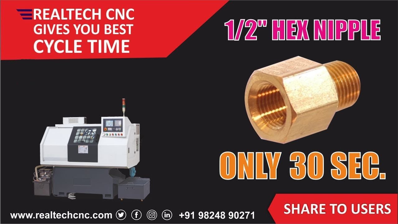 1/2" HEX NIPPLE BRASS RealTech CNC Machine VD-084 - YouTube