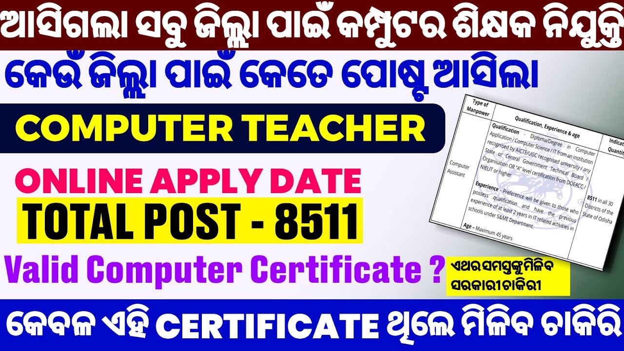 Odisha Computer Teacher Recruitment 2024/ 8511 Computer Teacher Job in Odisha / Computer ...