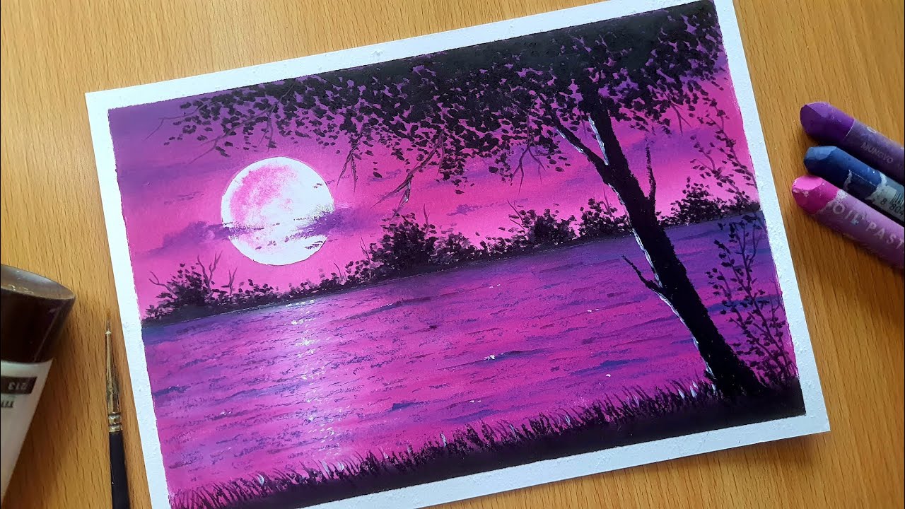 Oil Pastel Nature Scenery Drawing for Beginners / PINK MOONLIGHT / Oil ...