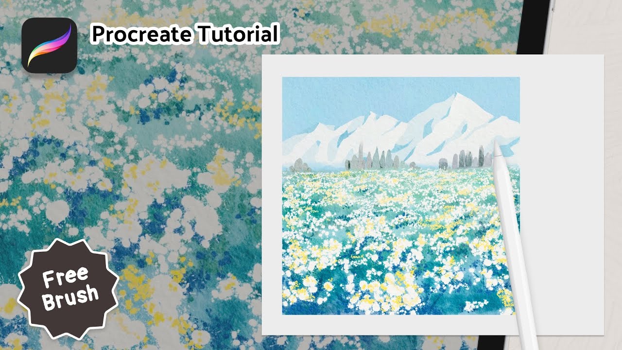 How to paint a cute flower field with snow mountains in watercolor style | Procreate Tutorial ...