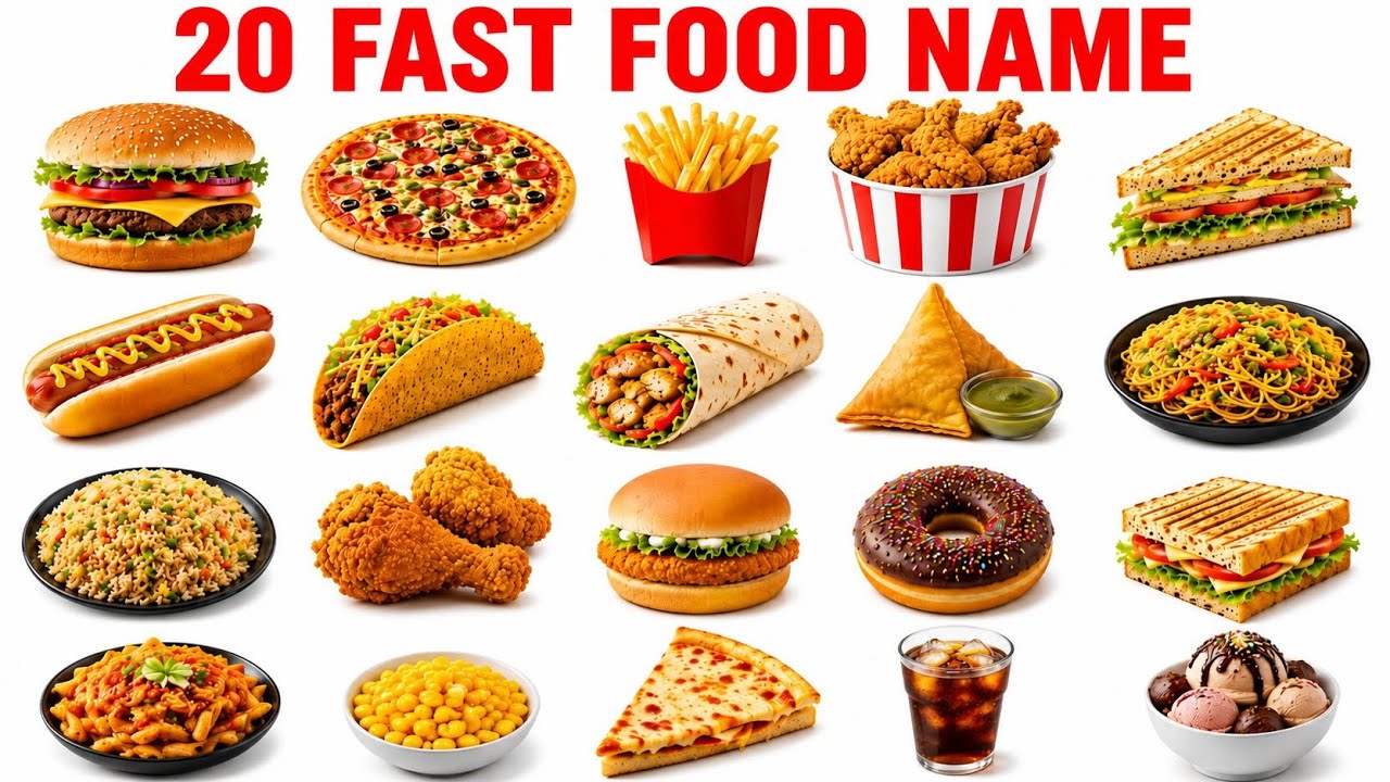 Learn 20 Fast Food Names 🍔🍕 | Fast Food Name for Kids | English ...