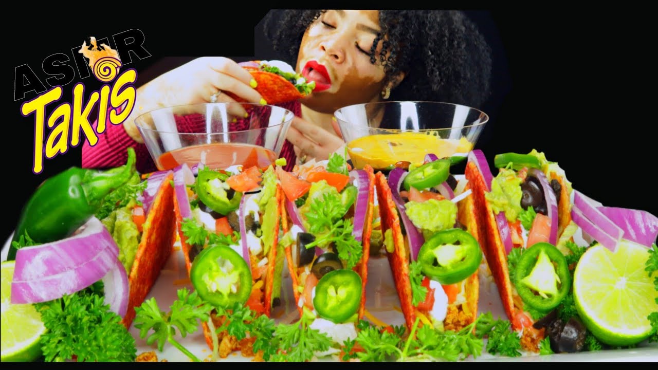 ASMR * LOADED CHEESY TACOS (NEW TAKIS SHELL) * أكل سندويشات التاكو ...