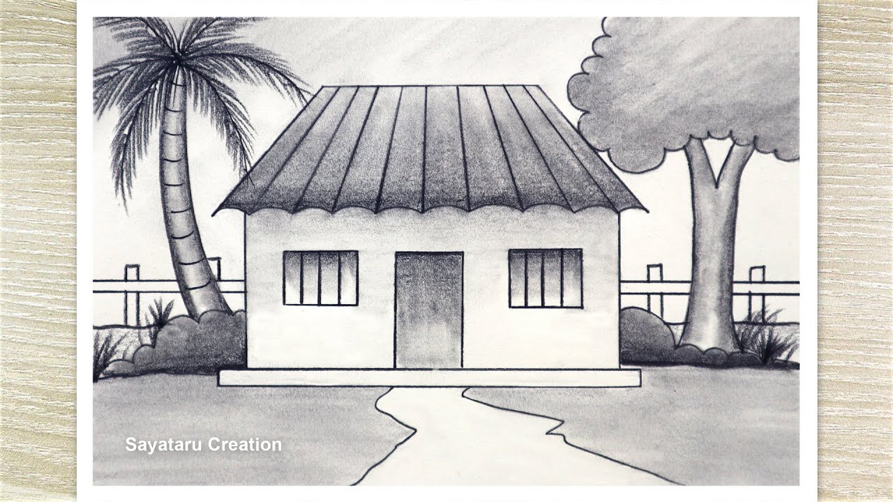 How to Draw a Landscape with home, Pencil Drawing for Beginners - YouTube