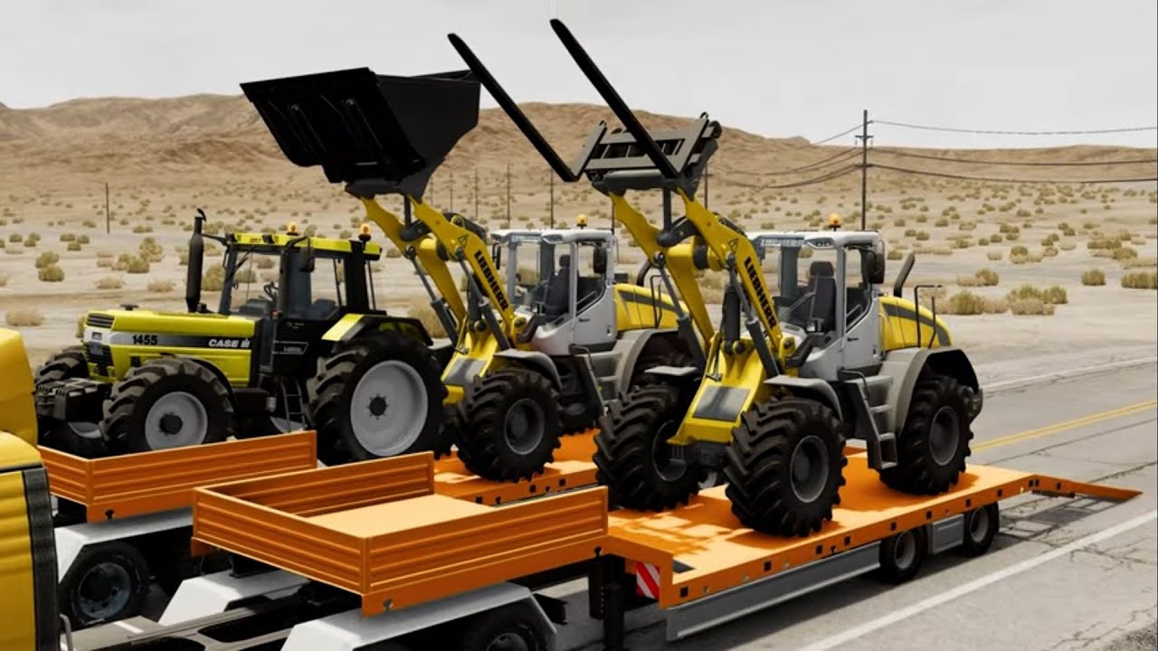 Loader and Tractor Transportation with Truck on Double Flatbed Trailer ...