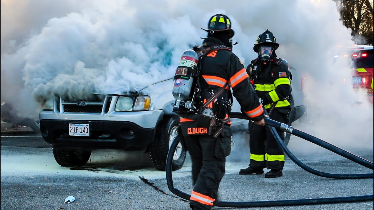 Watch as firefighters had to pry open the hood in order put out a fire ...