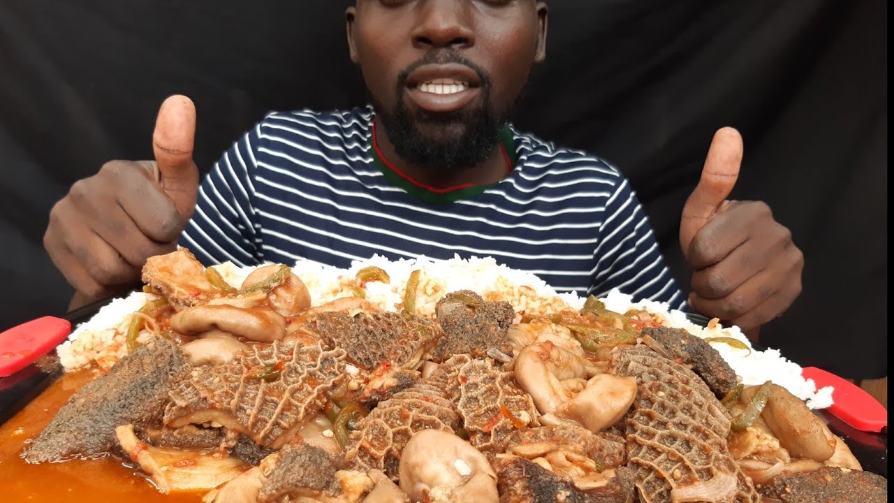 Asmr massive eating sound | Poundo yam rice & banga soup with shakki ...
