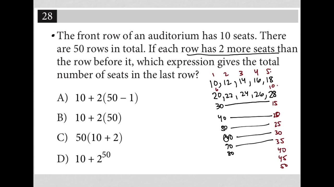 The front row of an auditorium has 10 seats. There are 50 rows in total. If each row has 2 more ...