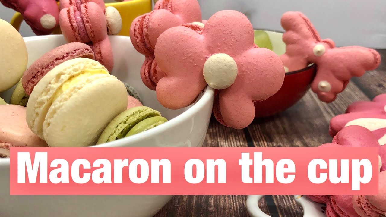 Macaron on the cup. Part 2. Butterfly macaron and flower macaron on the ...