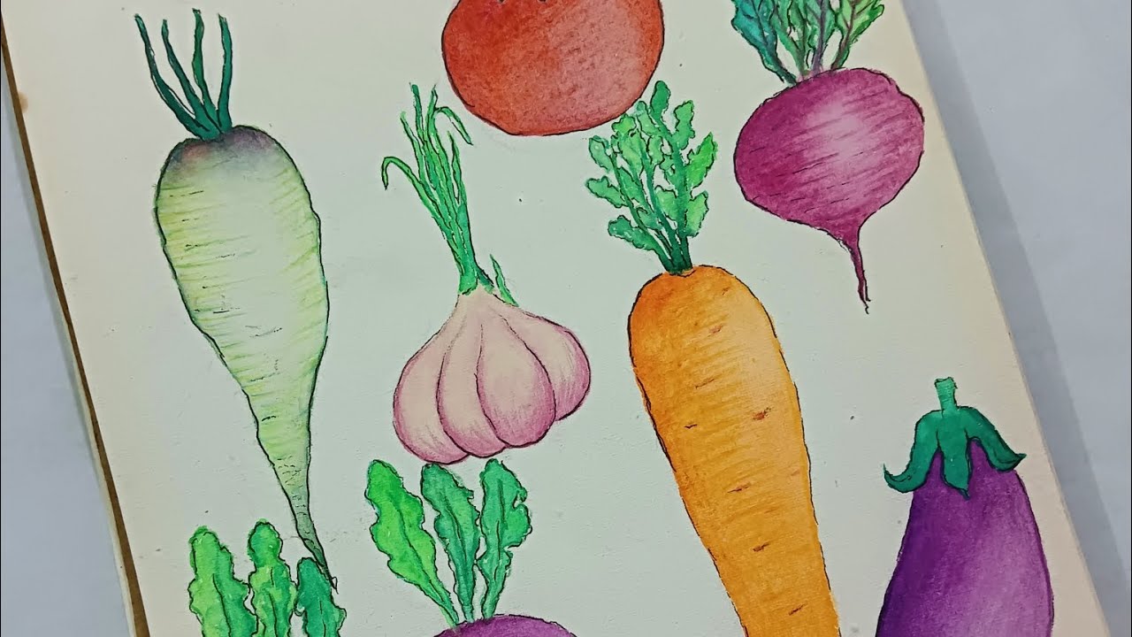 Easy vegetable drawing with watercolour & pencil colour #viralvideo # ...