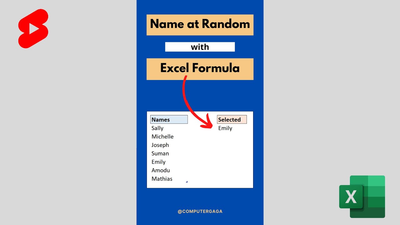 Return Name At Random From List Excel Formula shorts YouTube