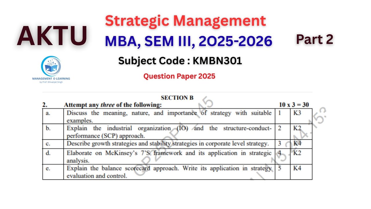 Strategic Management MBA Semester 3, AKTU Question Paper 2024 -2025 ...