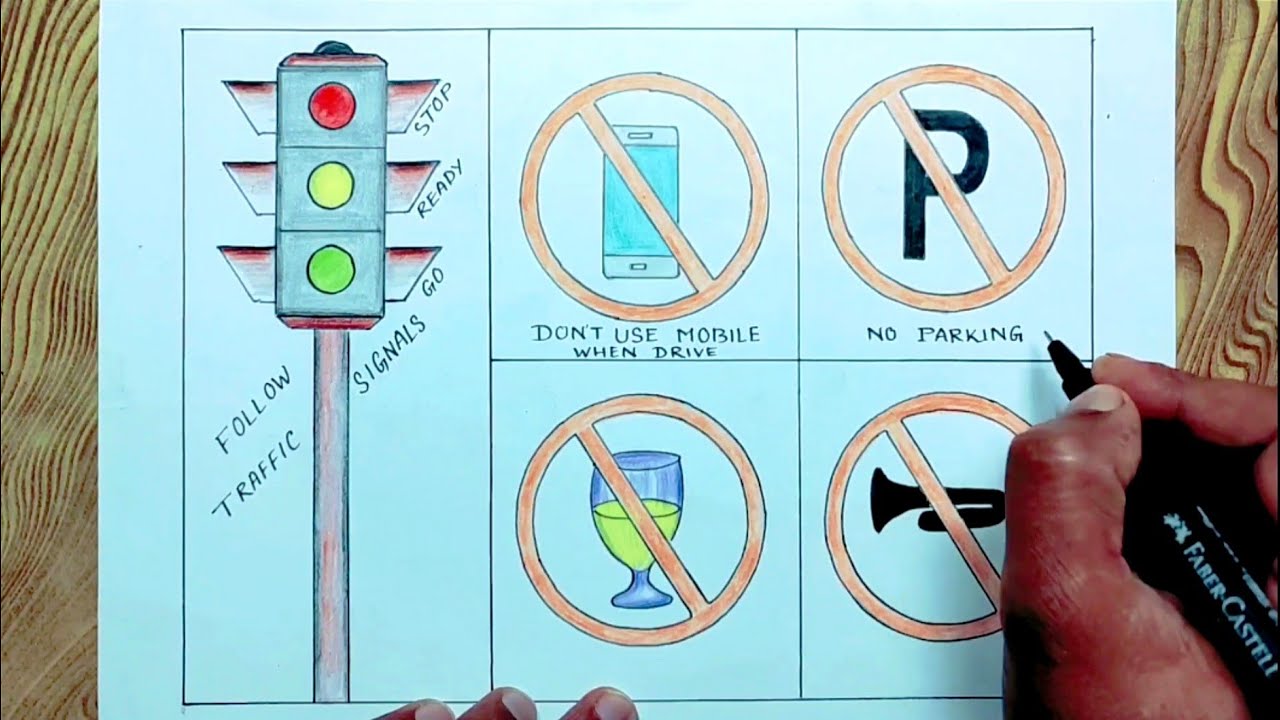 Road safety rules drawing/Traffic signals drawing easily - YouTube