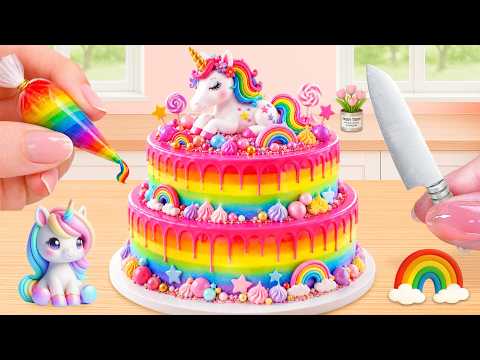 Rainbow Unicorn Buttercream Drip Cake 🌈🦄🍭 2-Tier Colorful Satisfying Dessert ASMR | Lily Little Cake