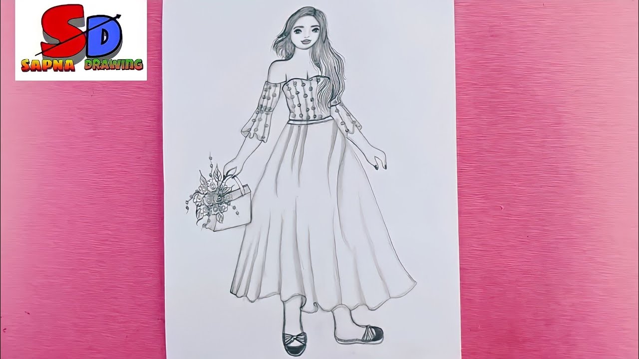 how to draw a girl with holding flowers - Drawing easy | pencil sketch ...