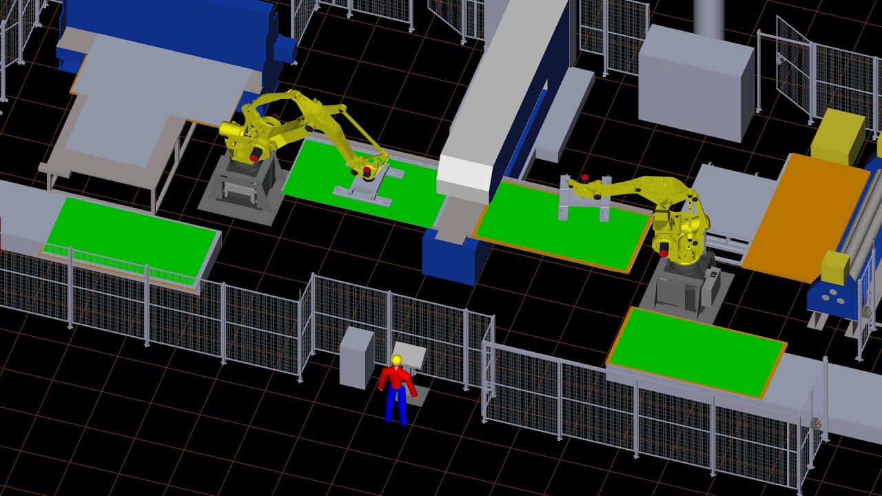 WeldPro TW-Automation Dual Fanuc robots sheet feeding simulation - YouTube