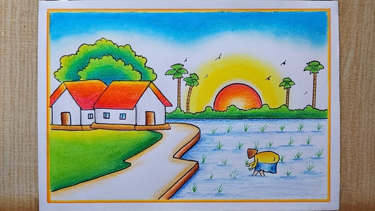 Paddy field with farmer scenery drawing| Village scenery drawing| Easy ...