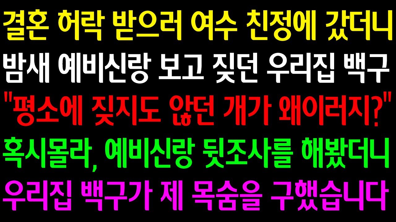 실화사연결혼허락 받으러 친정에 갔더니 예비신랑 보고 짖던 우리집 백구평소에 짖지도 않던 제가 왜이러지혹시몰라 예비신랑 뒷조사를 해봤더니 우리집 백구가 제 목숨을
