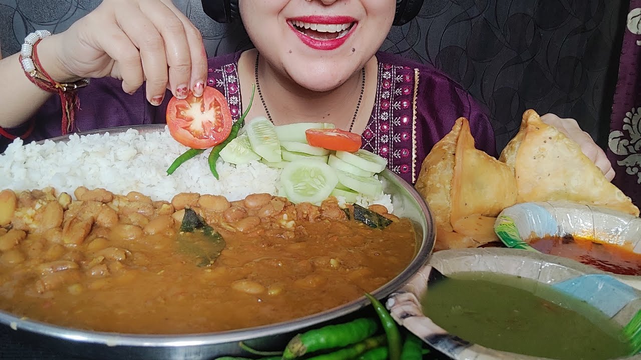 Eating rajma chawal,aloo samosa,salad | eating show | big bites ...