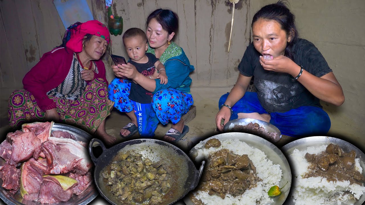 Pork Meat & Blood mix curry Recipe cooking, eating in village ...