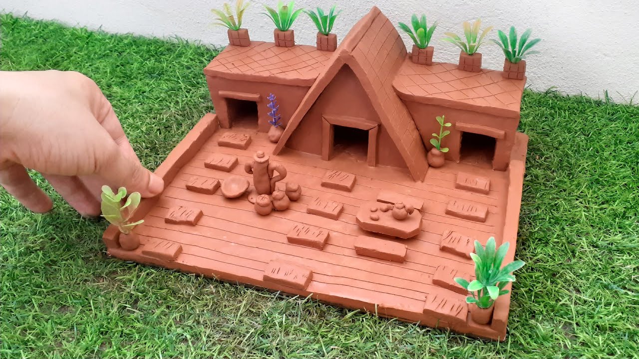 How to build a clay village house with a well pumped water and tree ...
