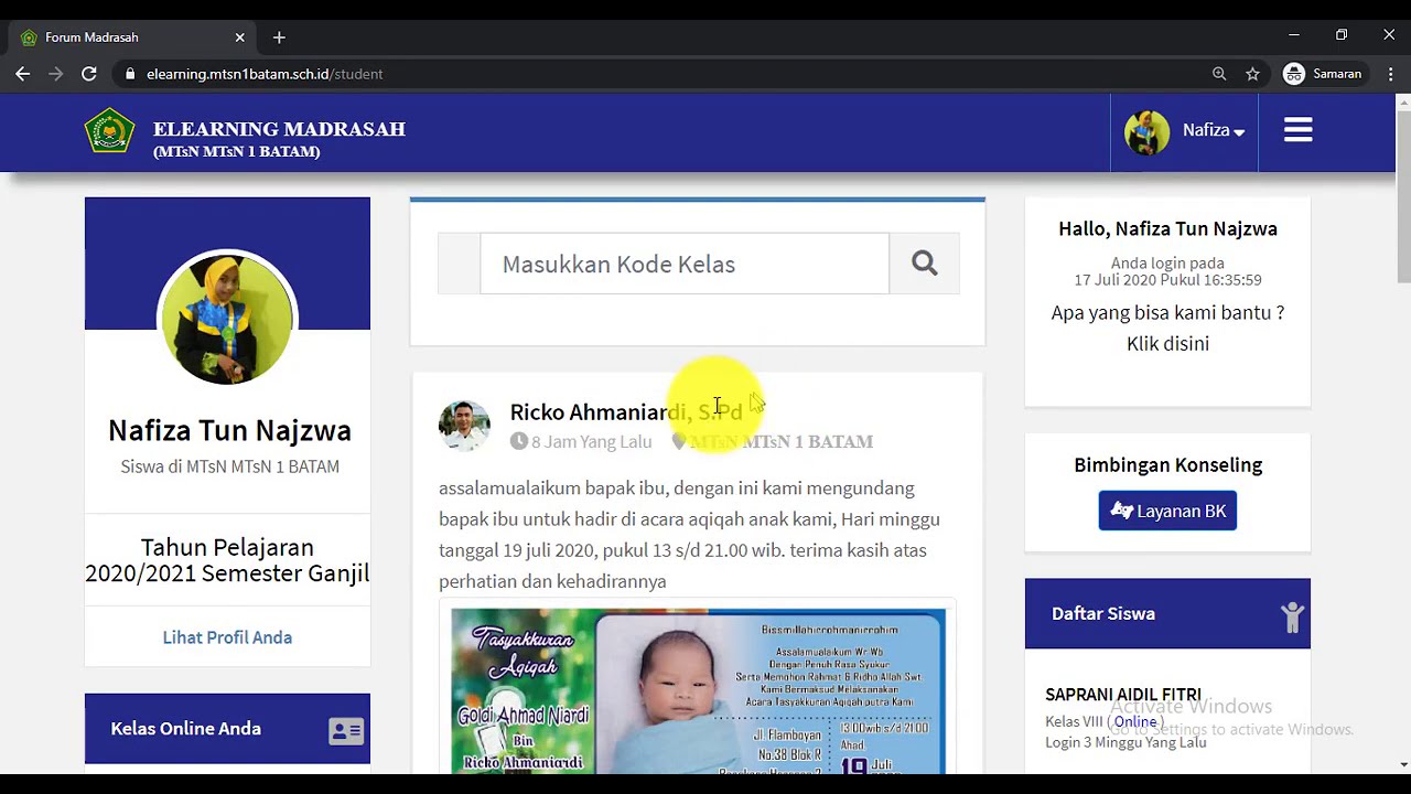Cara Upload Tugas Siswa di Elearning Madrasah MTsN 1 Batam - YouTube
