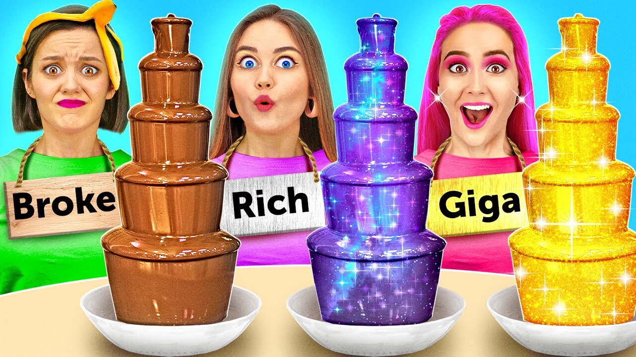 RICH VS BROKE VS GIGA RICH FOOD CHALLENGE || Chocolate Fountain Fondue ...
