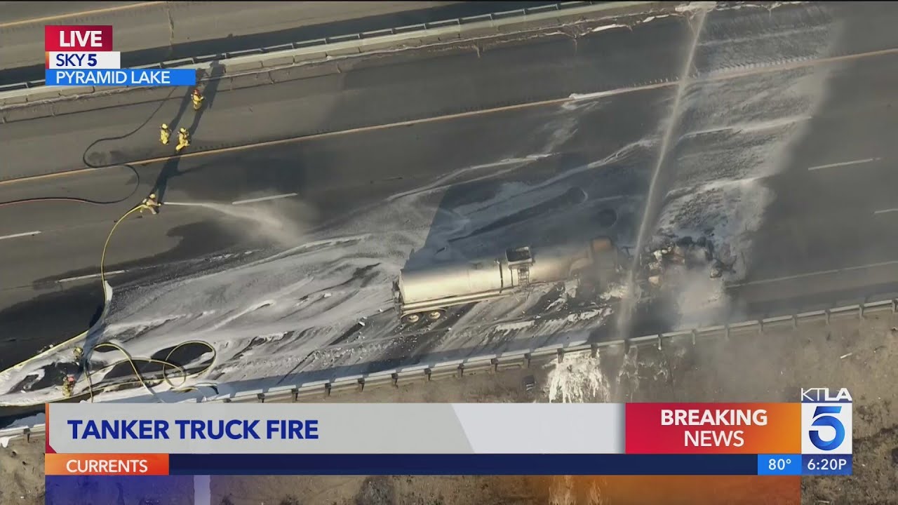 5 Freeway shut down after tanker truck catches fire near Castaic - YouTube