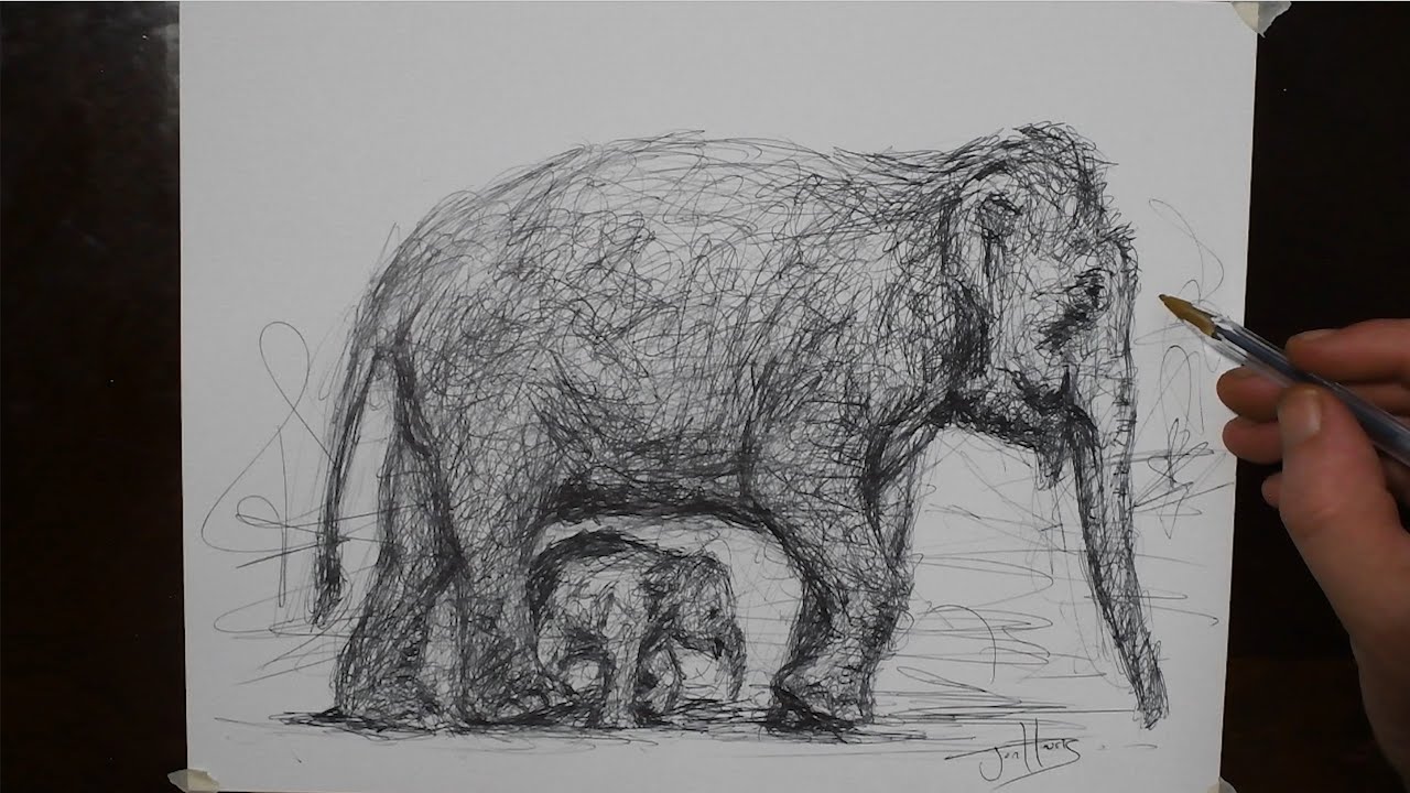 How to Draw a Momma and Baby Elephant | Scribble Art Drawing - YouTube