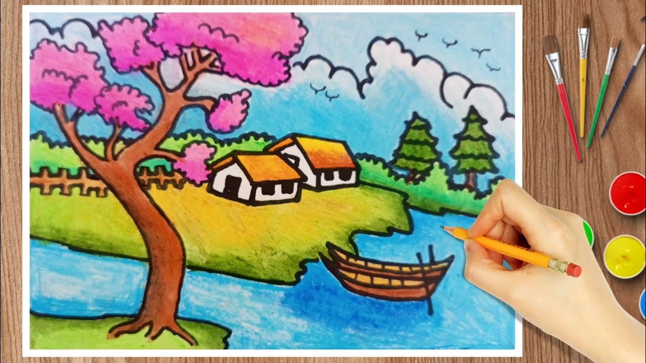 how to draw beautiful nature scenery drawing. landscape nature scenery ...
