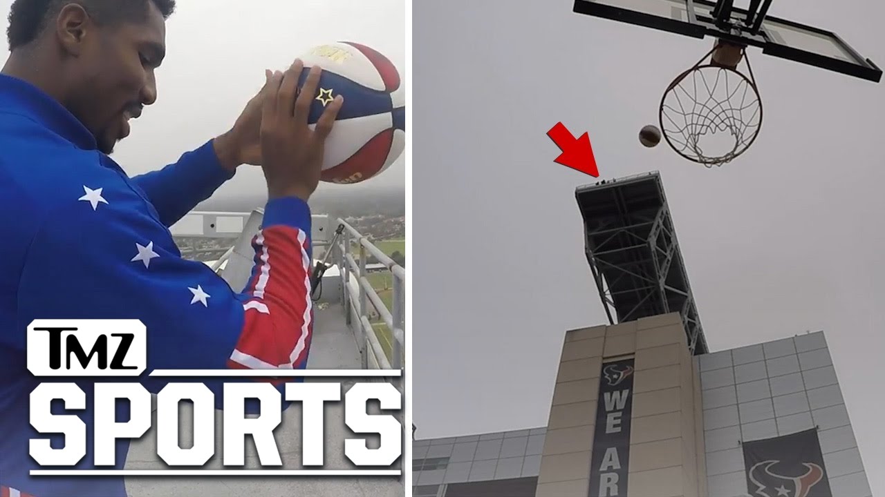 HARLEM GLOBETROTTERS TERRIFYING 300 FOOT TRICK SHOT... Off Stadium Roof ...
