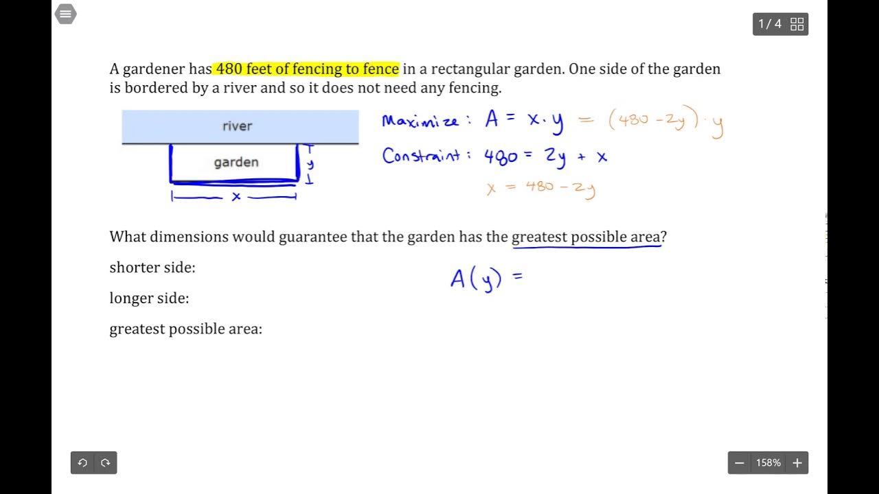 Optimization: Maximize Area: Rectangular Garden - YouTube