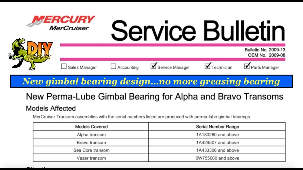 Mercury Mercruiser sealed gimbal bearing Service Bulletin (No 2009 13) - OEM No 2009 08 - YouTube