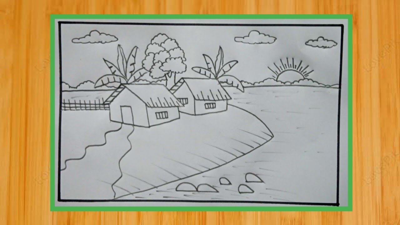 Very easy village scenery drawing | gramer drisso | gaon ka chitra ka ...
