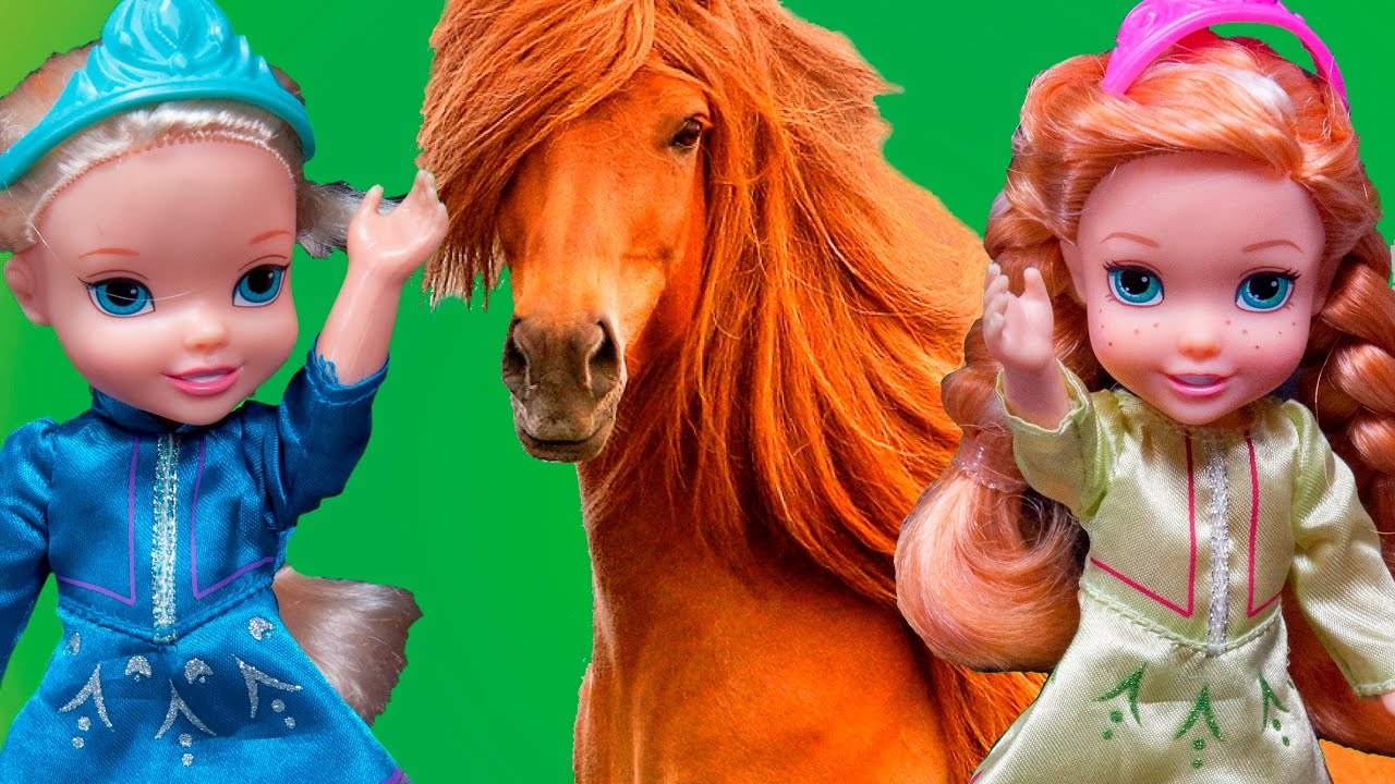 Elsa and Anna toddlers at the farm with Barbie, horses, water splash ...