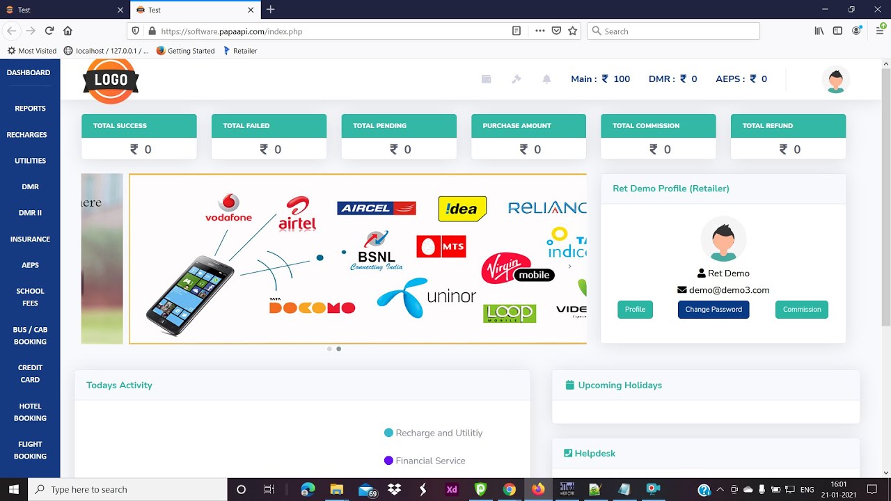 Recharge, Utility, DMT, Insurance, PAN, AePS,, Flight Booking, etc.. Software with Source code ...