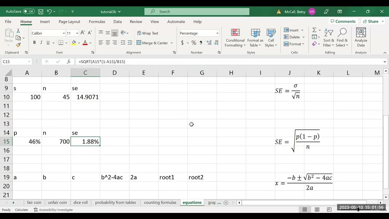 Using Excel to evaluate mathematical and statistical formulas - YouTube