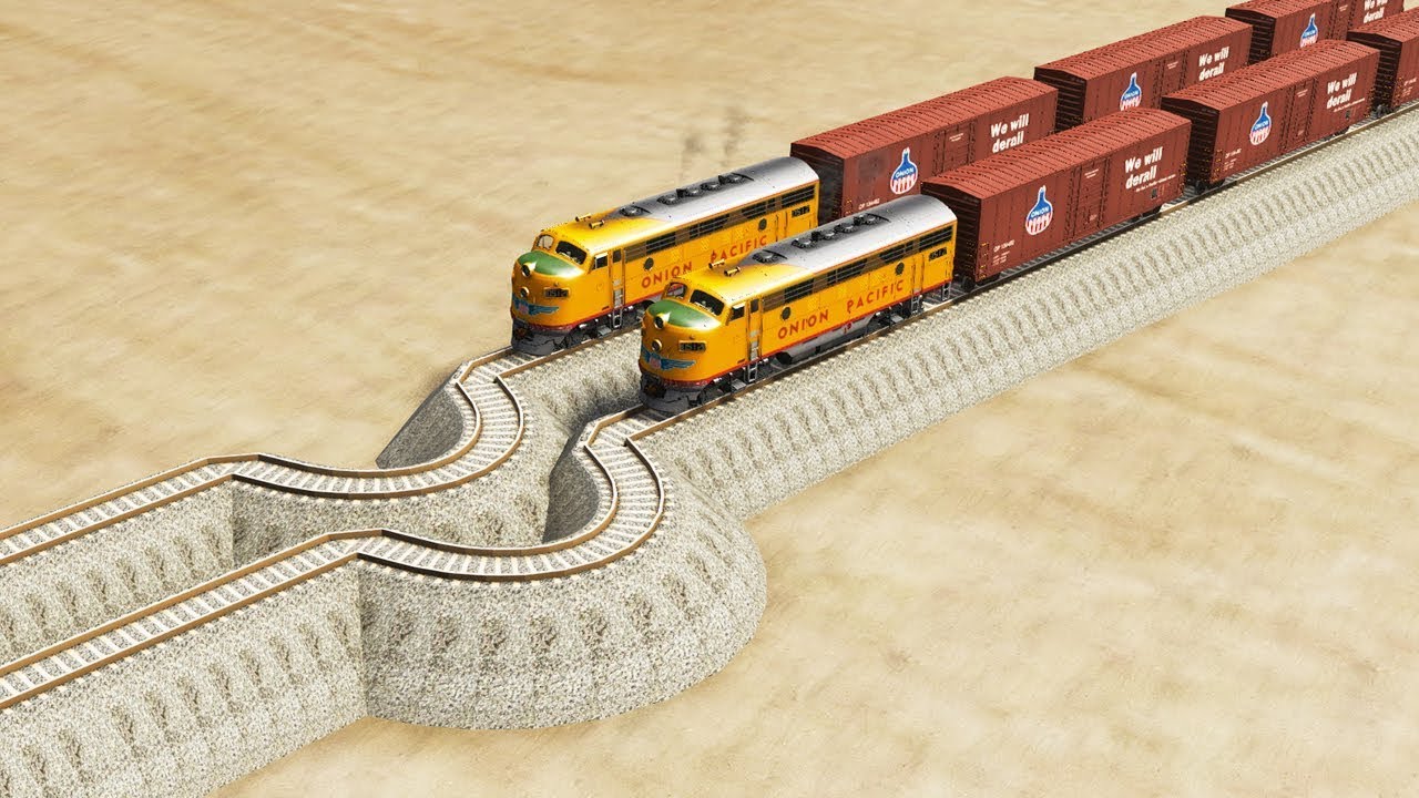 Train Sim Impossible W Shape Rail Vs Trains | train vs giant pit BeamNG ...