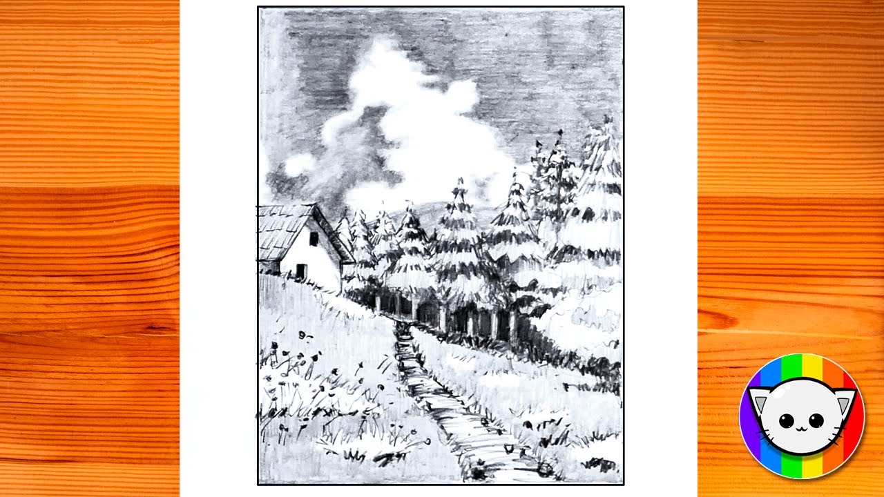 Landscape drawing || How to draw a house in the forest || Pencil sketch ...