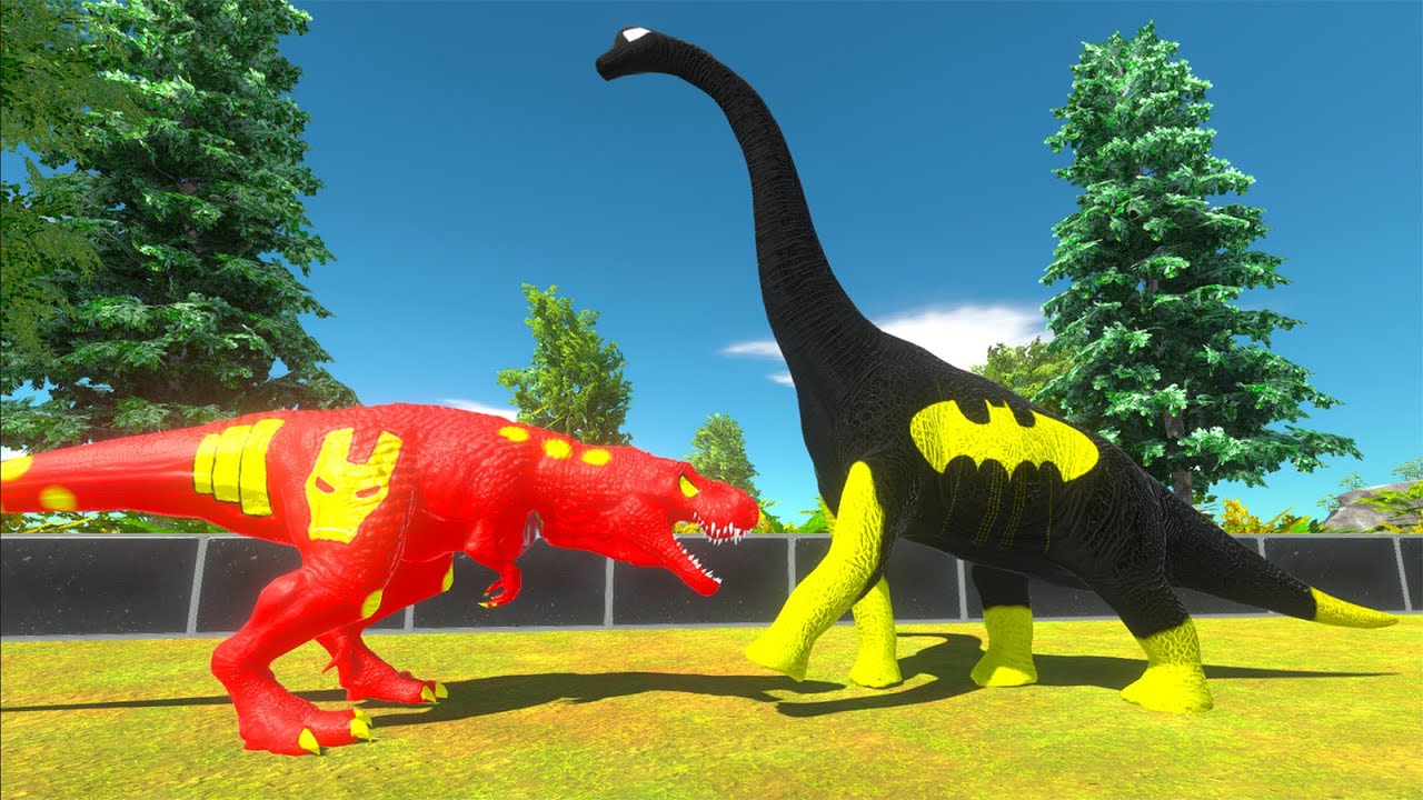 IRONMAN T REX vs CAPTAIN SPINO vs BATMAN BRACHIOSAURUS DEATH RUN Animal ...