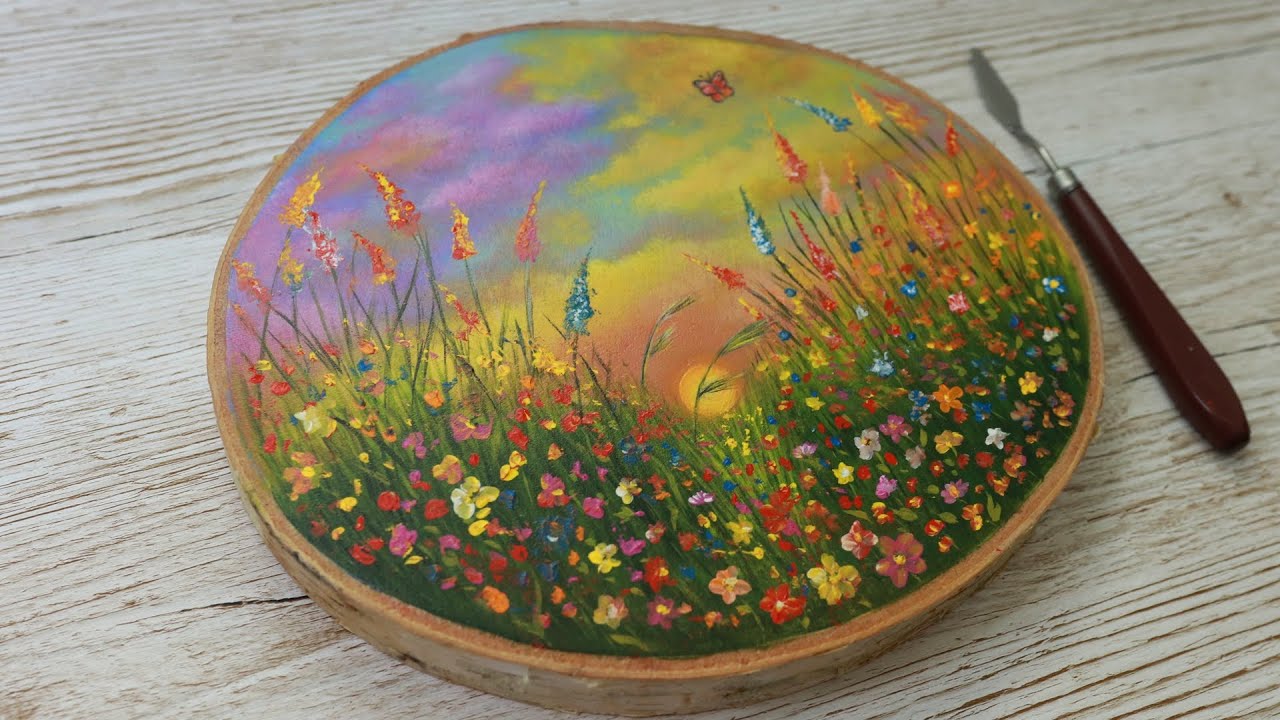 How to Paint Beautiful Flowers on Wood Slice | Relaxing Art - YouTube